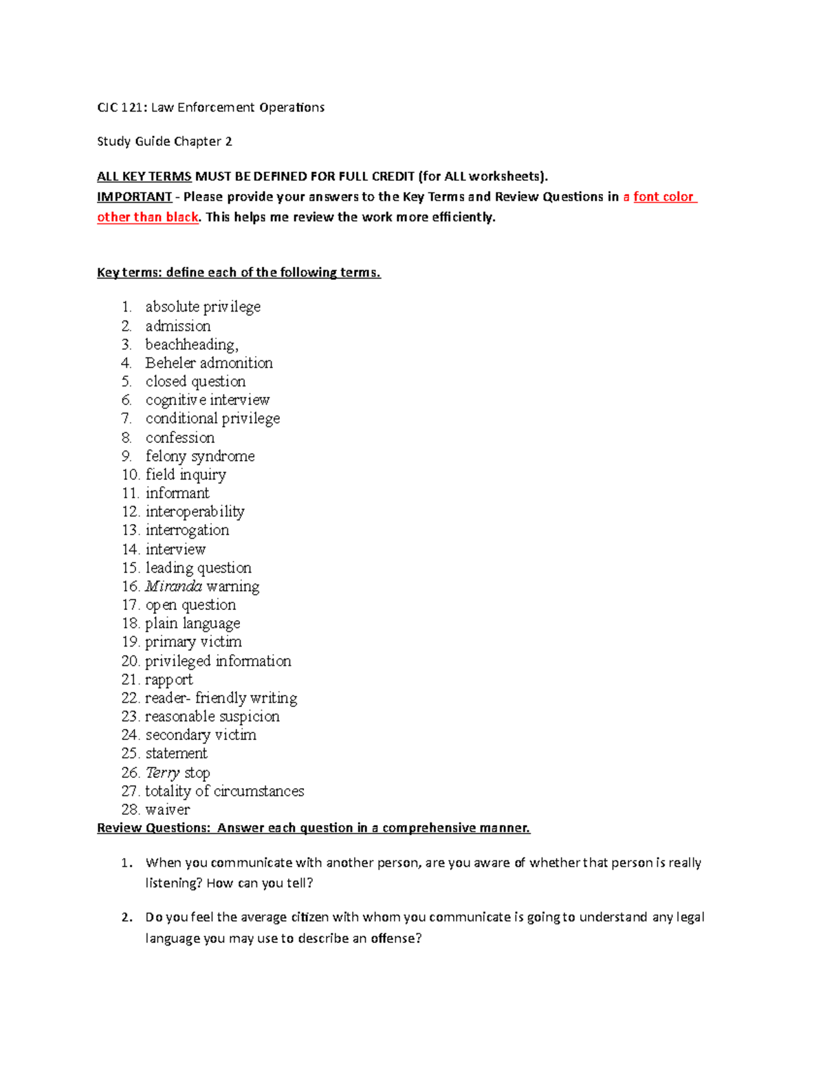 CJC 121 Chapter 2 Study Guide - CJC 121: Law Enforcement Operations ...