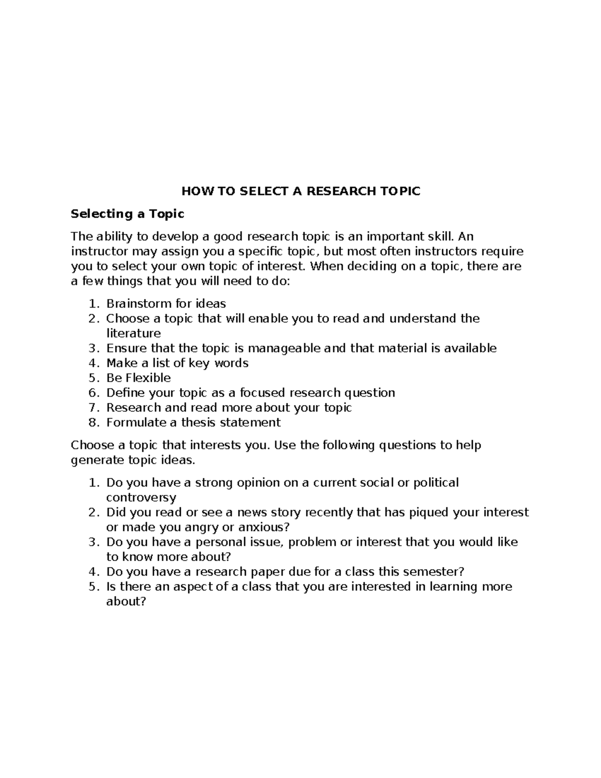 GE 11 Research 1 - HOW TO SELECT A RESEARCH TOPIC Selecting a Topic The ...