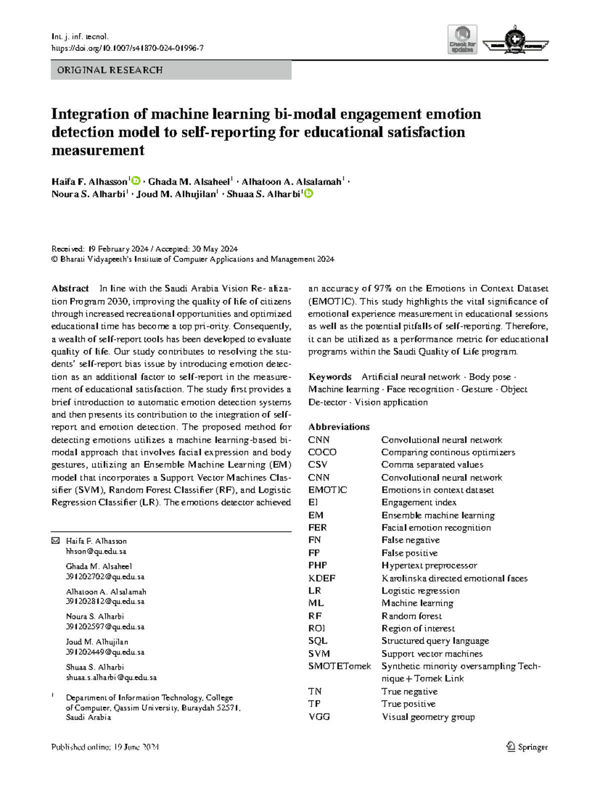 Integration of machine learning bimodal engagement emotion detection ...