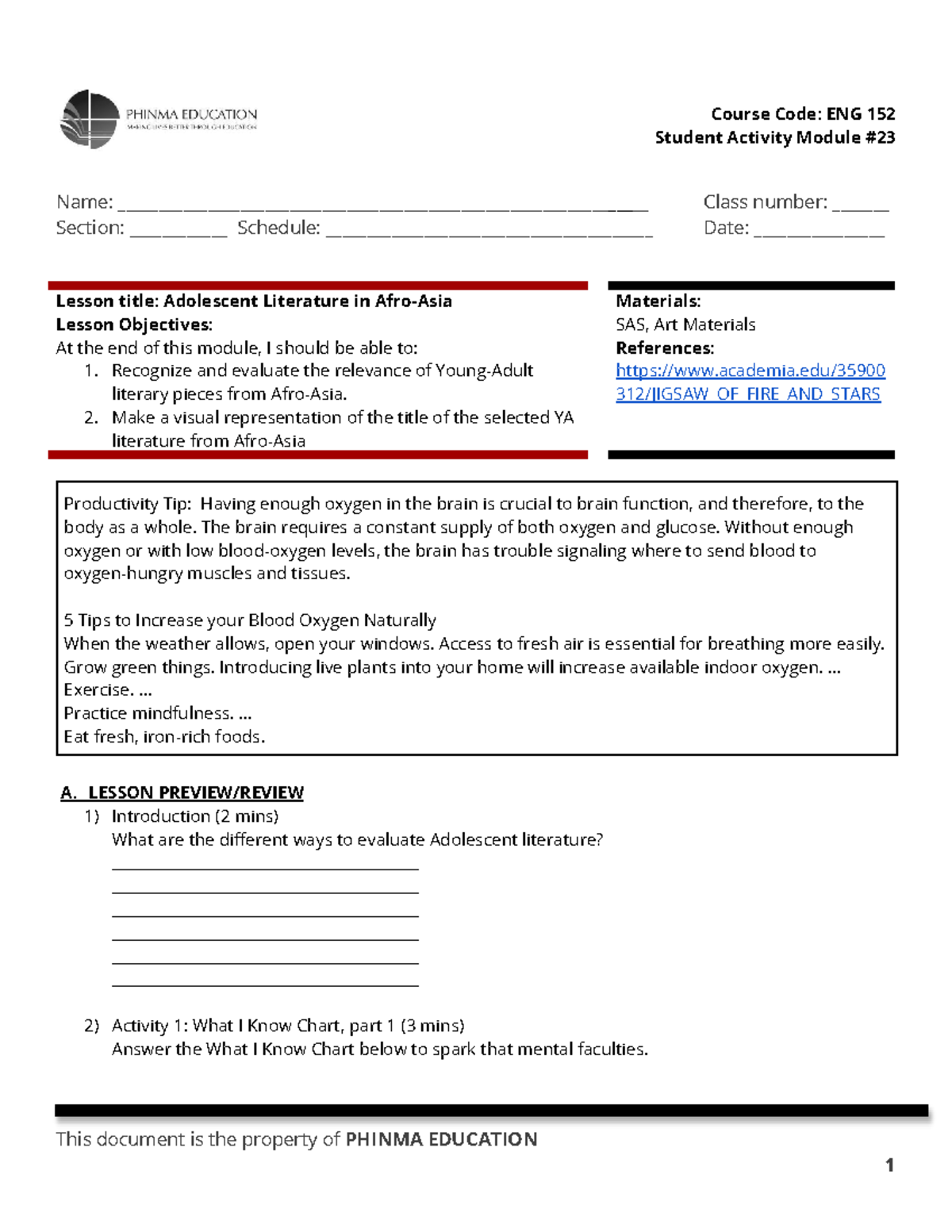SAS #23 ENG 152 - LECTURE NOTES. - Course Code: ENG 152 Student ...