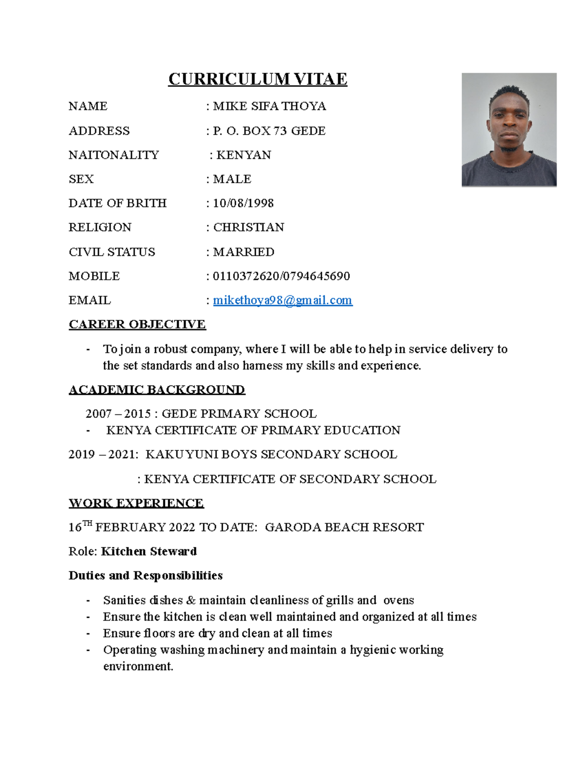 MIKE SIFA Thoya - Word assignments - CURRICULUM VITAE NAME : MIKE SIFA ...