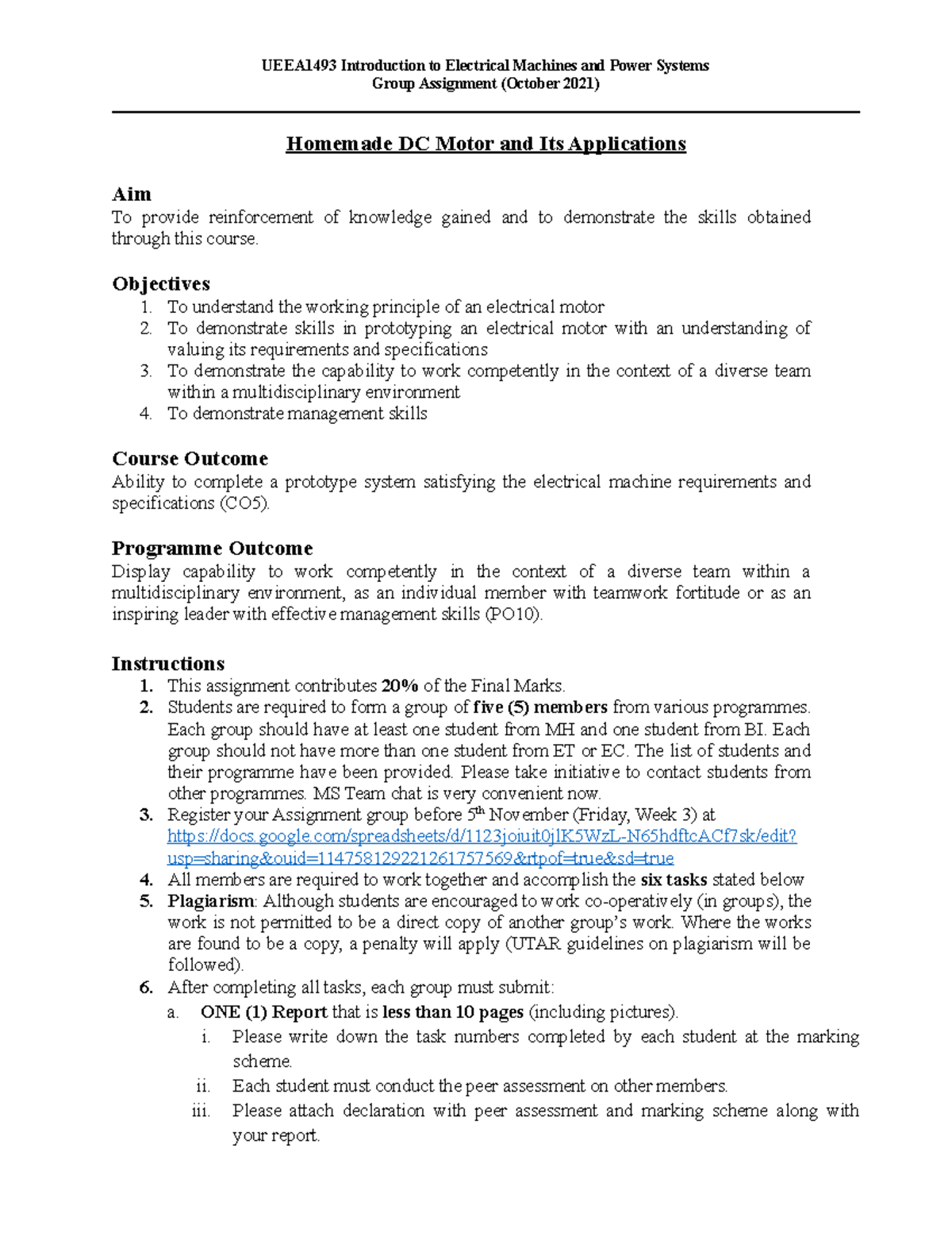 202110 UEEA1493- Group Assignment - UEEA1493 Introduction to Electrical Machines and Power ...