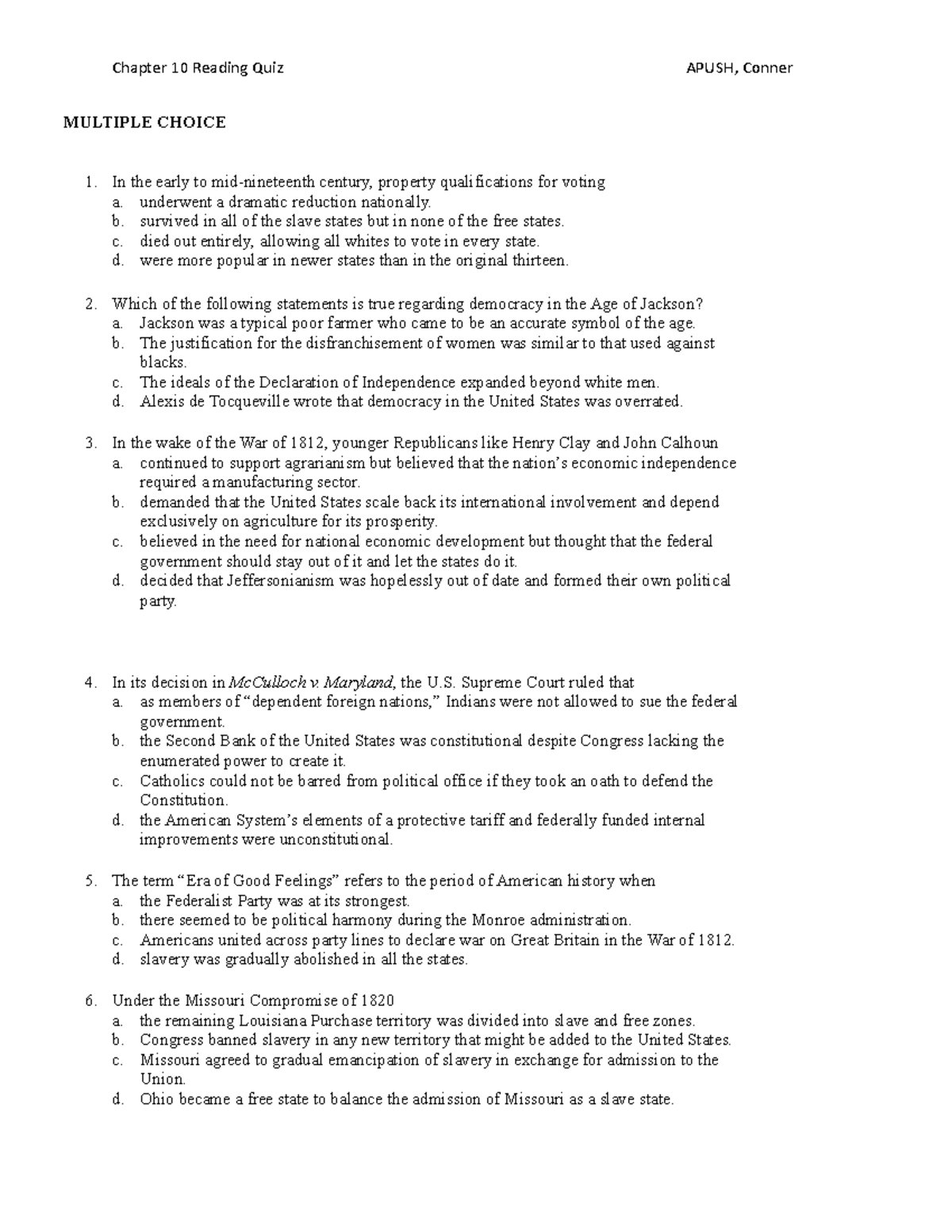 Ch 10 - ffewfefewf - Chapter 10 Reading Quiz APUSH, Conner MULTIPLE ...