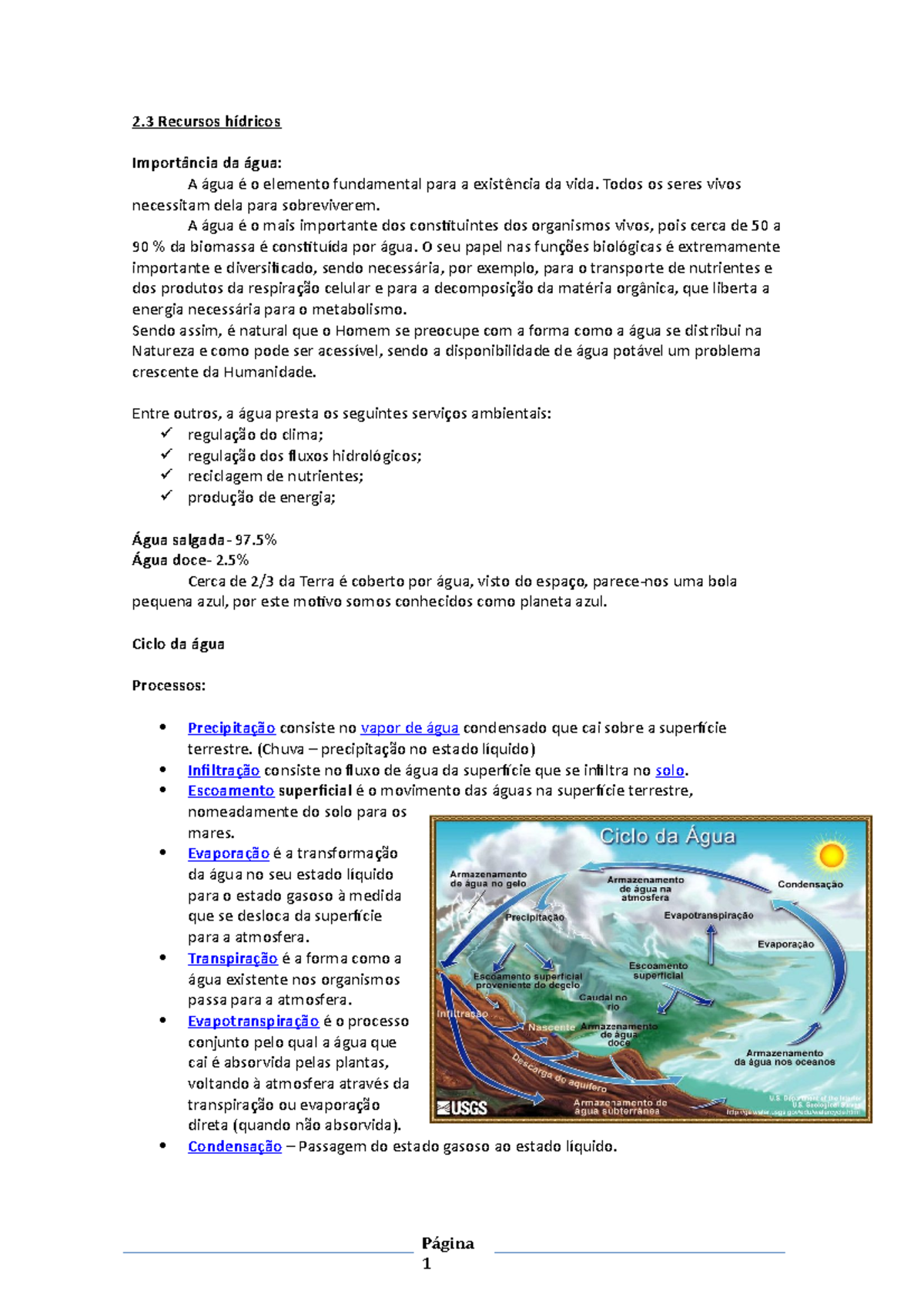 Resumos geo - 2 Recursos hídricos Importância da água: A água é o ...