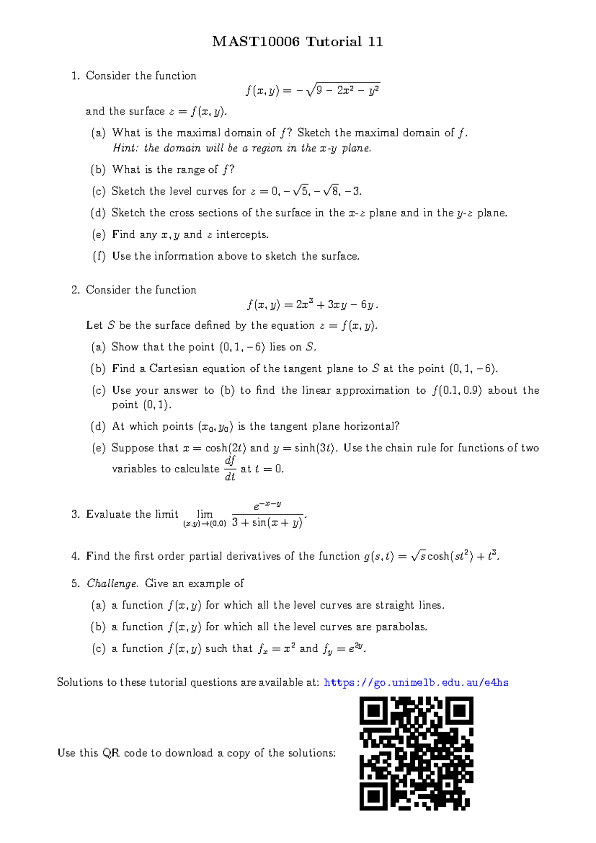 MAST10006 Tute11 - MAST10006 Tutorial 11 Consider the function f (x, y ...