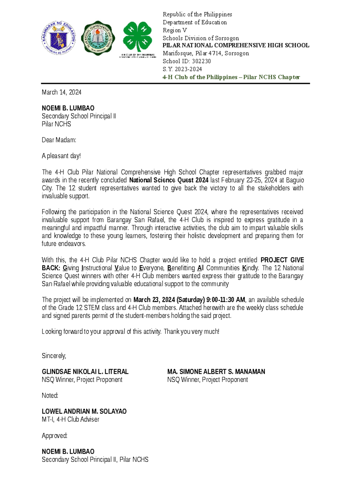 Letter Project G.I.V.E. B.A - Republic of the Philippines Department of ...