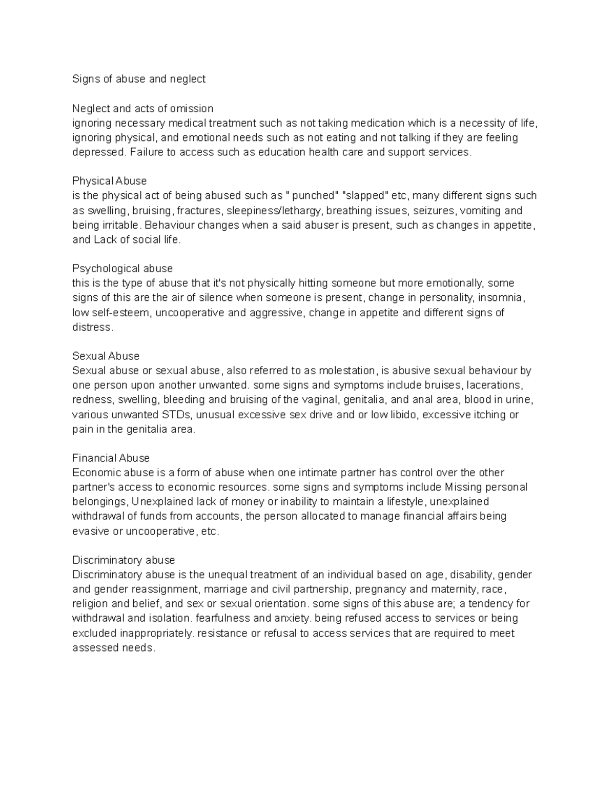 Claire abuse - unit 5 - Signs of abuse and neglect Neglect and acts of ...