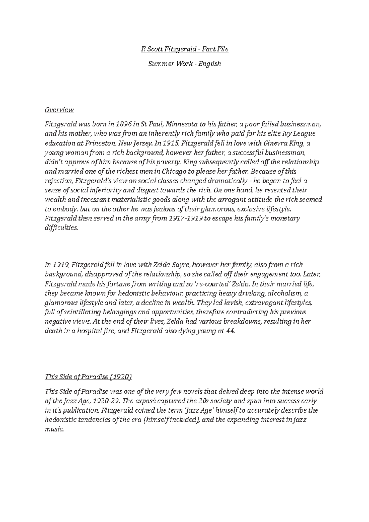F. Scott Fitzgerald Factfile - F. Scott Fitzgerald - Fact File Summer ...