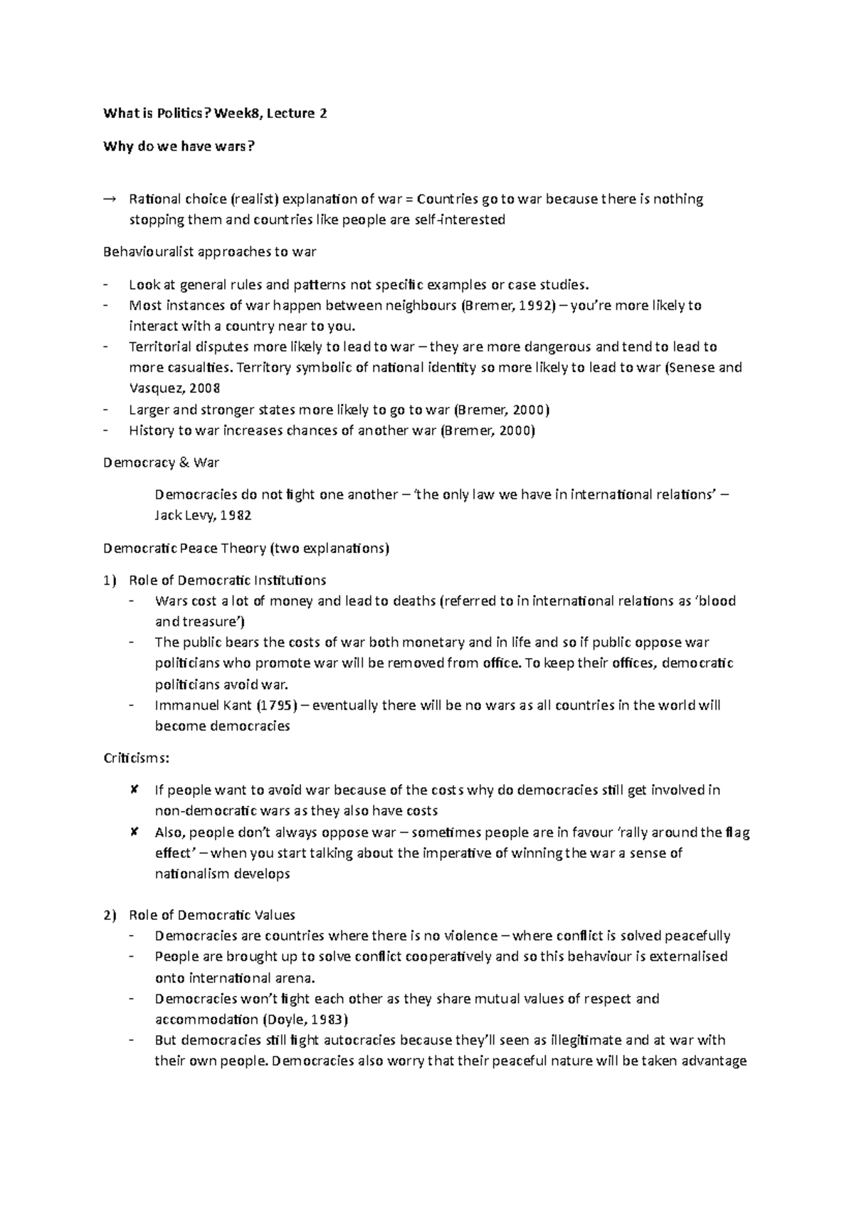 Why do we have wars? - What is Politics? Week8, Lecture 2 Why do we ...