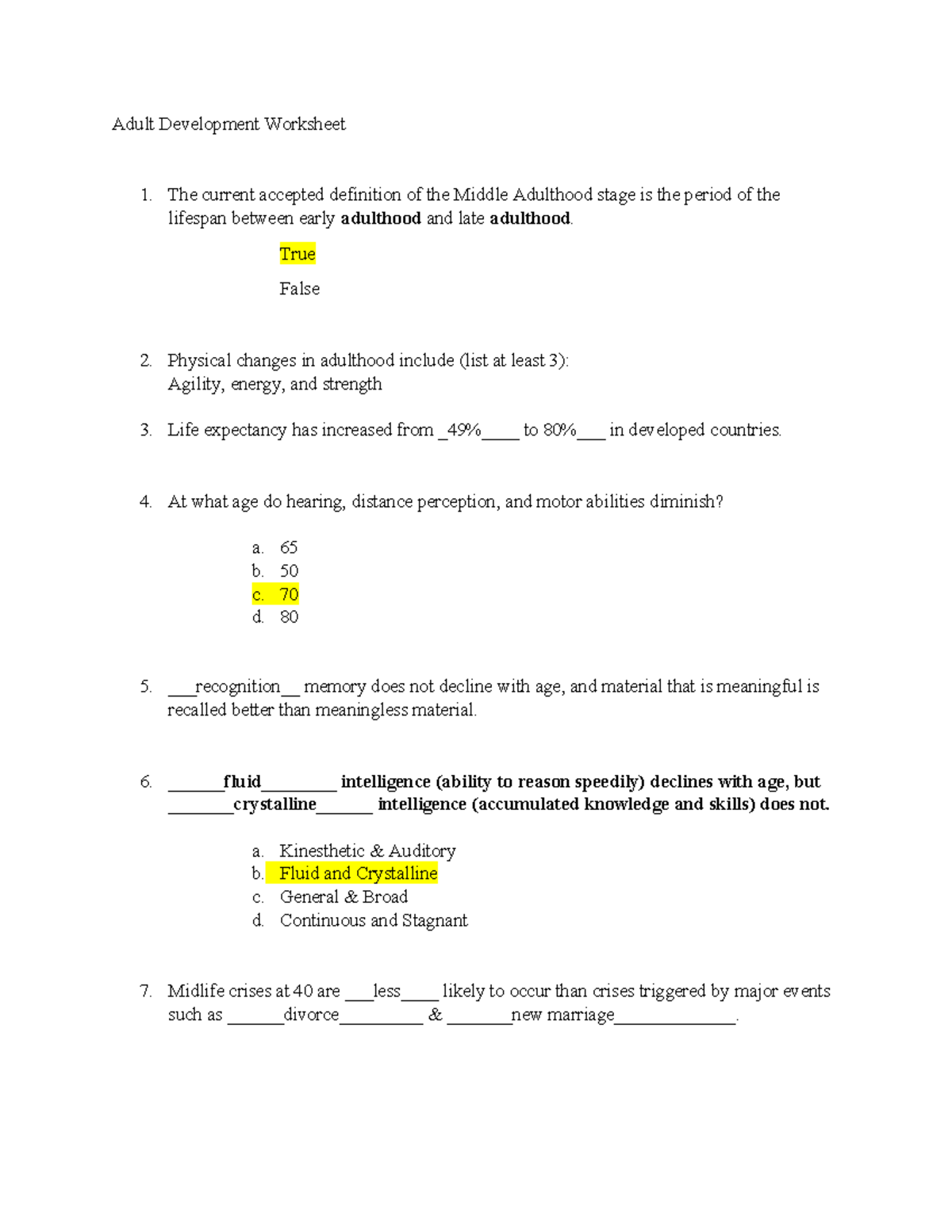 Adult Development Worksheet - The current accepted definition of the ...