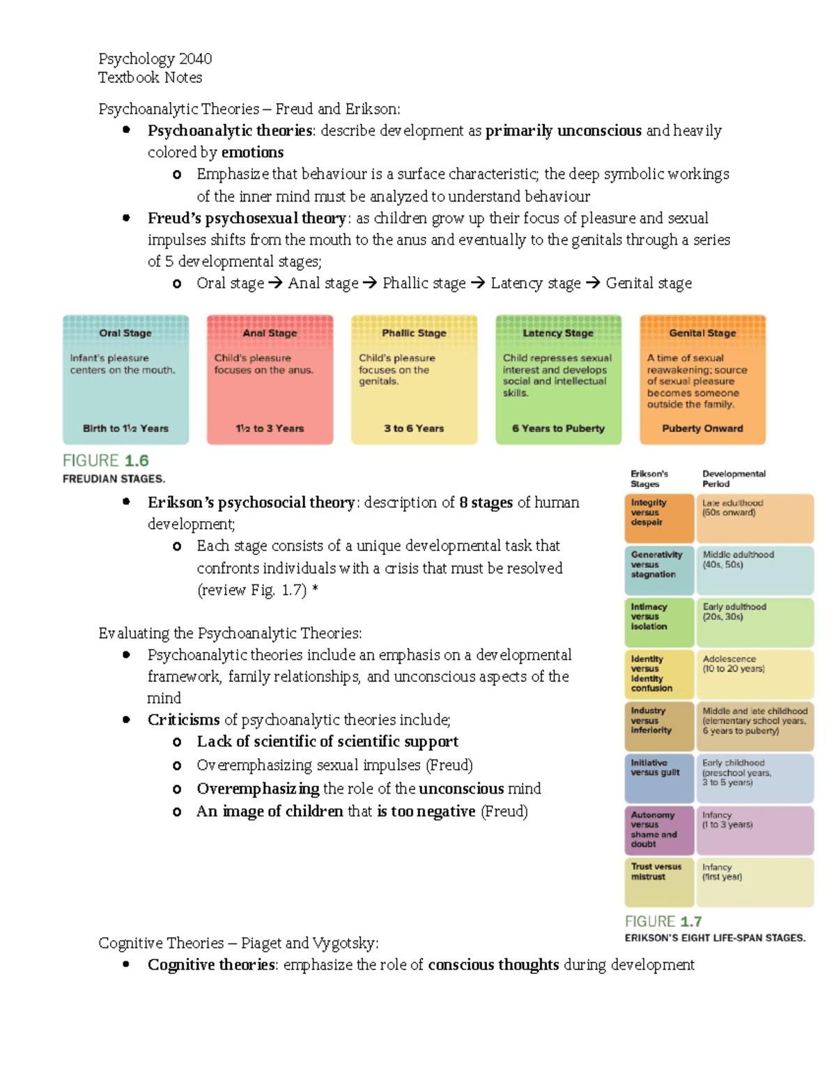 Psychology 2040 Textbook Notes - Textbook Notes Psychoanalytic Theories ...