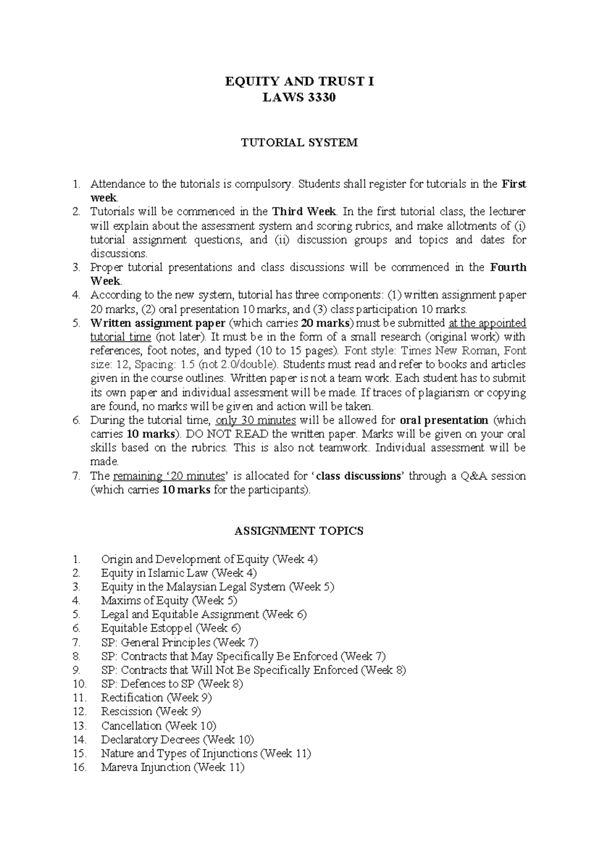 0. Assignment Topics - EQUITY AND TRUST I LAWS 3330 TUTORIAL SYSTEM ...