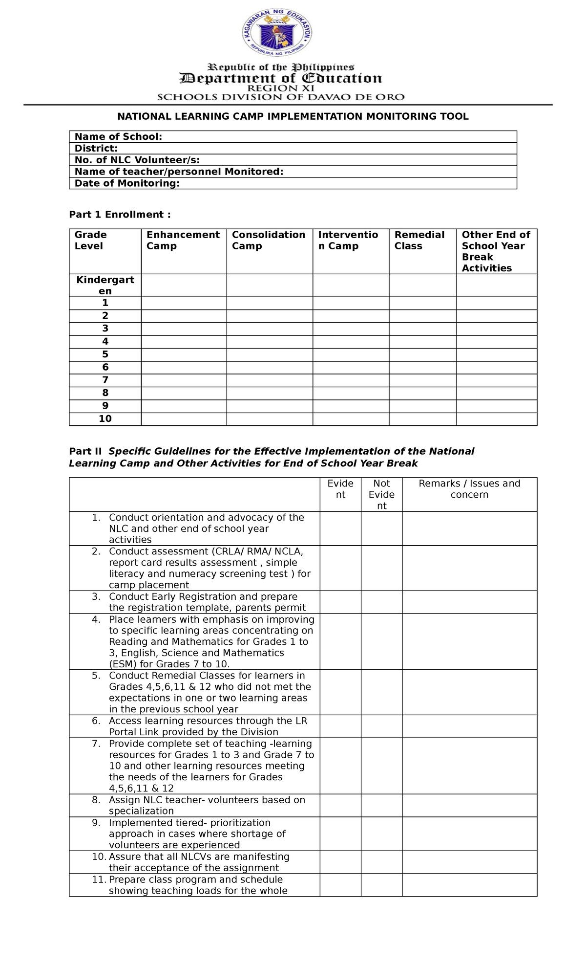 National Learning CAMP Implementation Monitoring TOOL - NATIONAL ...