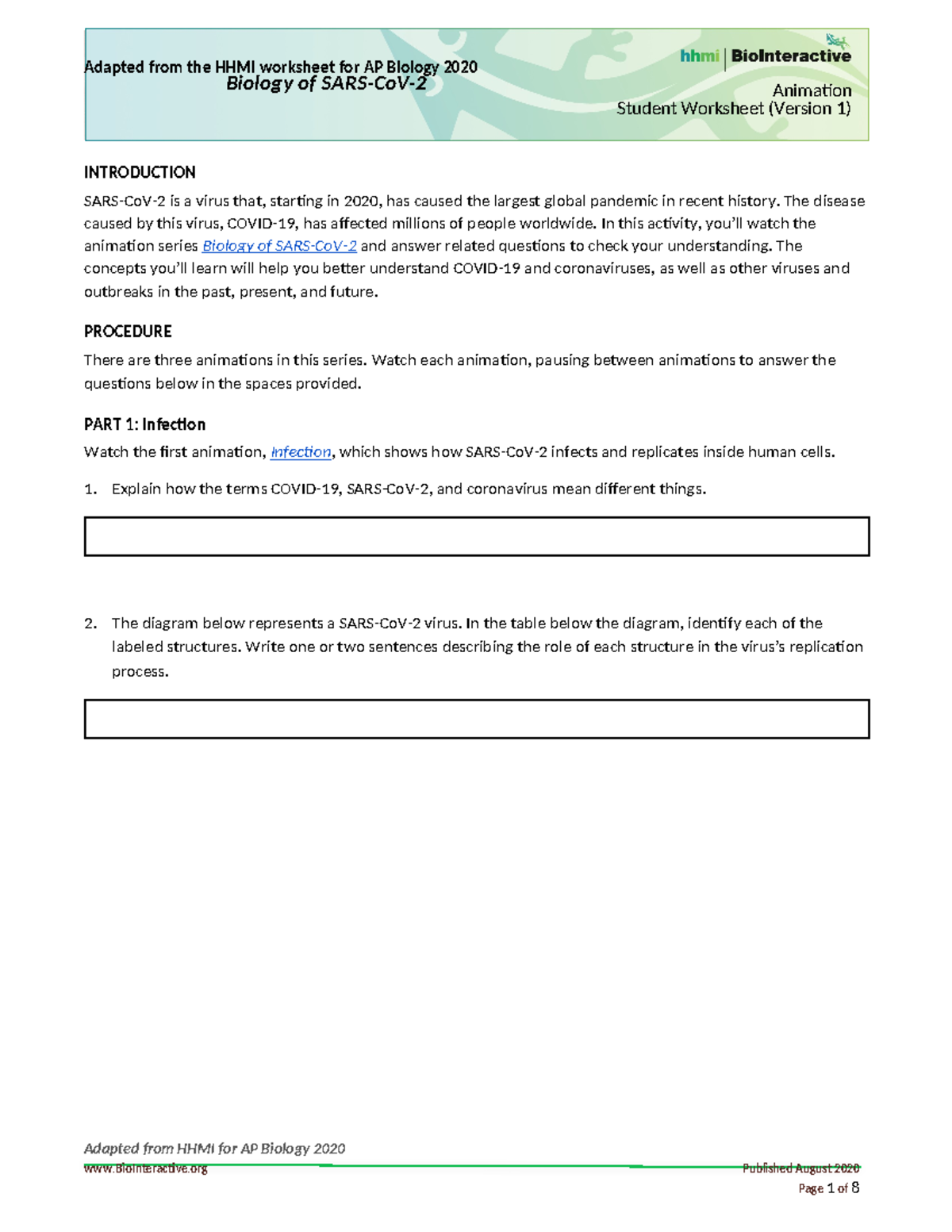 Copy of Corona WS AP - ssvshs - Biology of SARS-CoV-2 Animation Student ...
