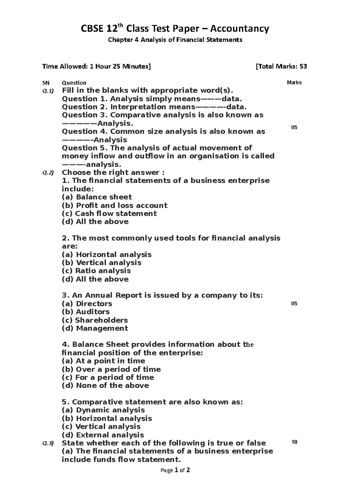 CBSE 12th Class Test Paper – Class 12 Accountancy Chapter 4 Analysis of ...