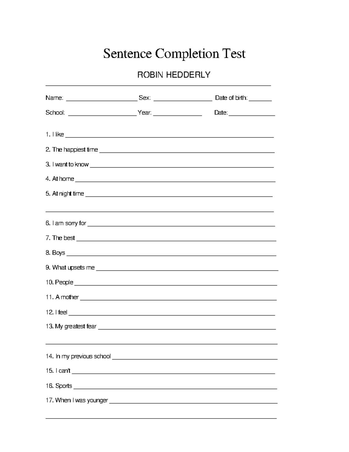 Writing Rate Hedderly Sentence Completion Test - Sentence Completion ...