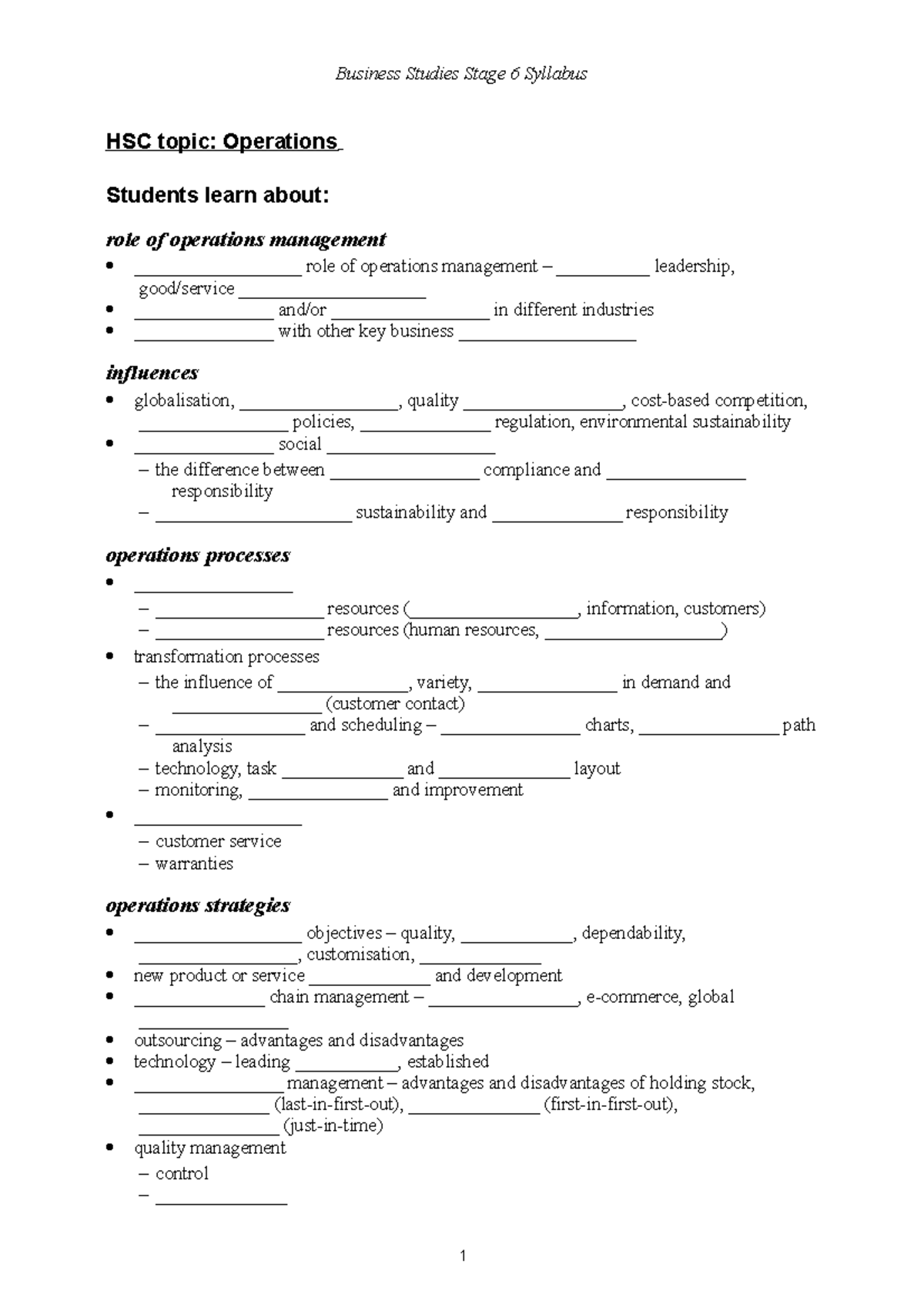 HSC Business studies syllabus practice 1 - HSC topic: Operations ...