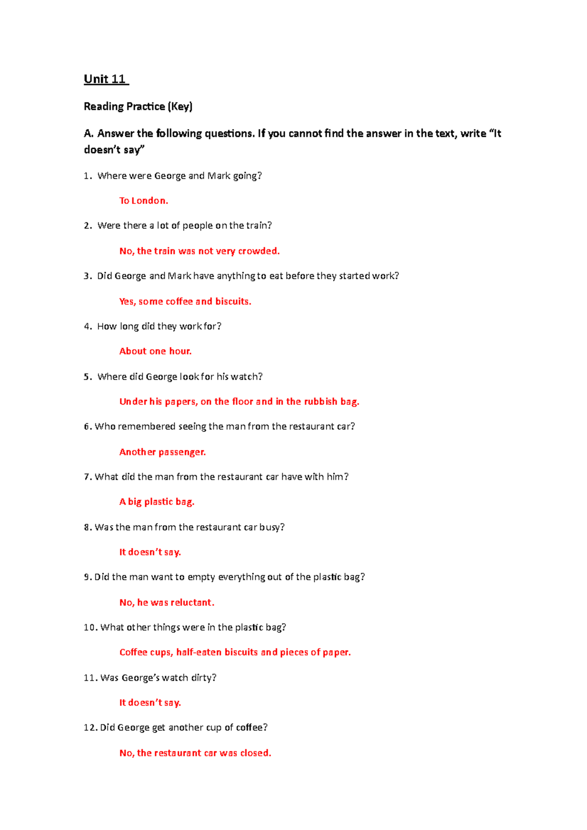 Reading Practice 11 (Key) - Unit 11 Reading Practice (Key) A. Answer ...