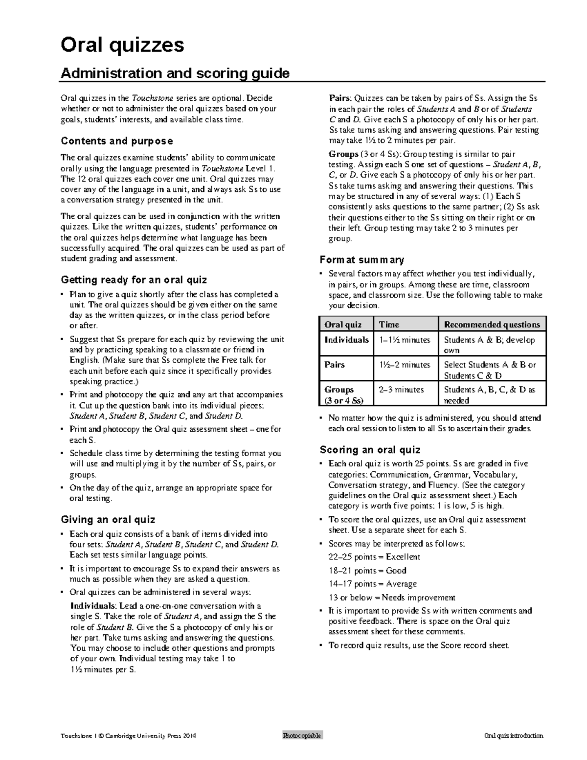 Admin Scoring Guide OQ - .......... - Touchstone 1 © Cambridge ...
