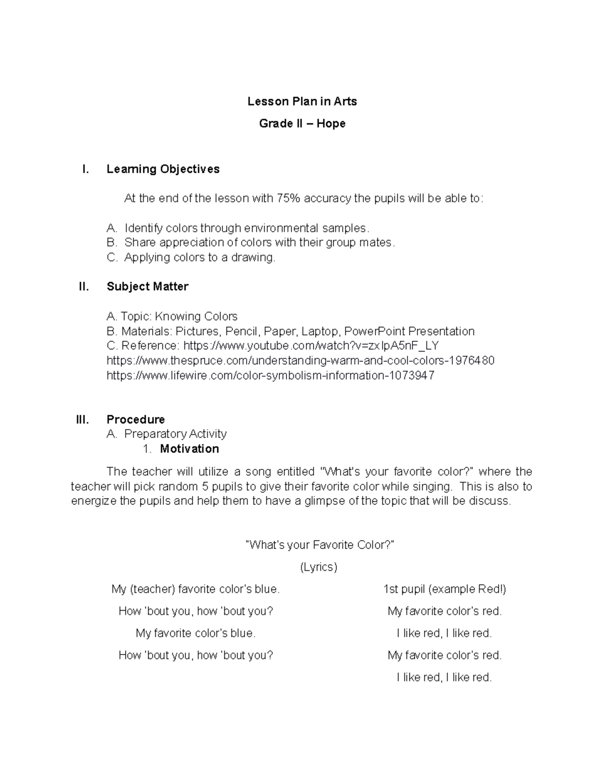 Group 5 Lesson Plan Colors NEW - Lesson Plan in Arts Grade II – Hope I ...