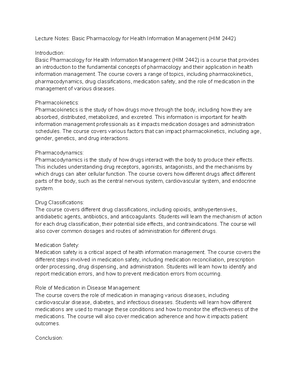 Basic Pharmacology for Health Information Management (HIM 2442 ...