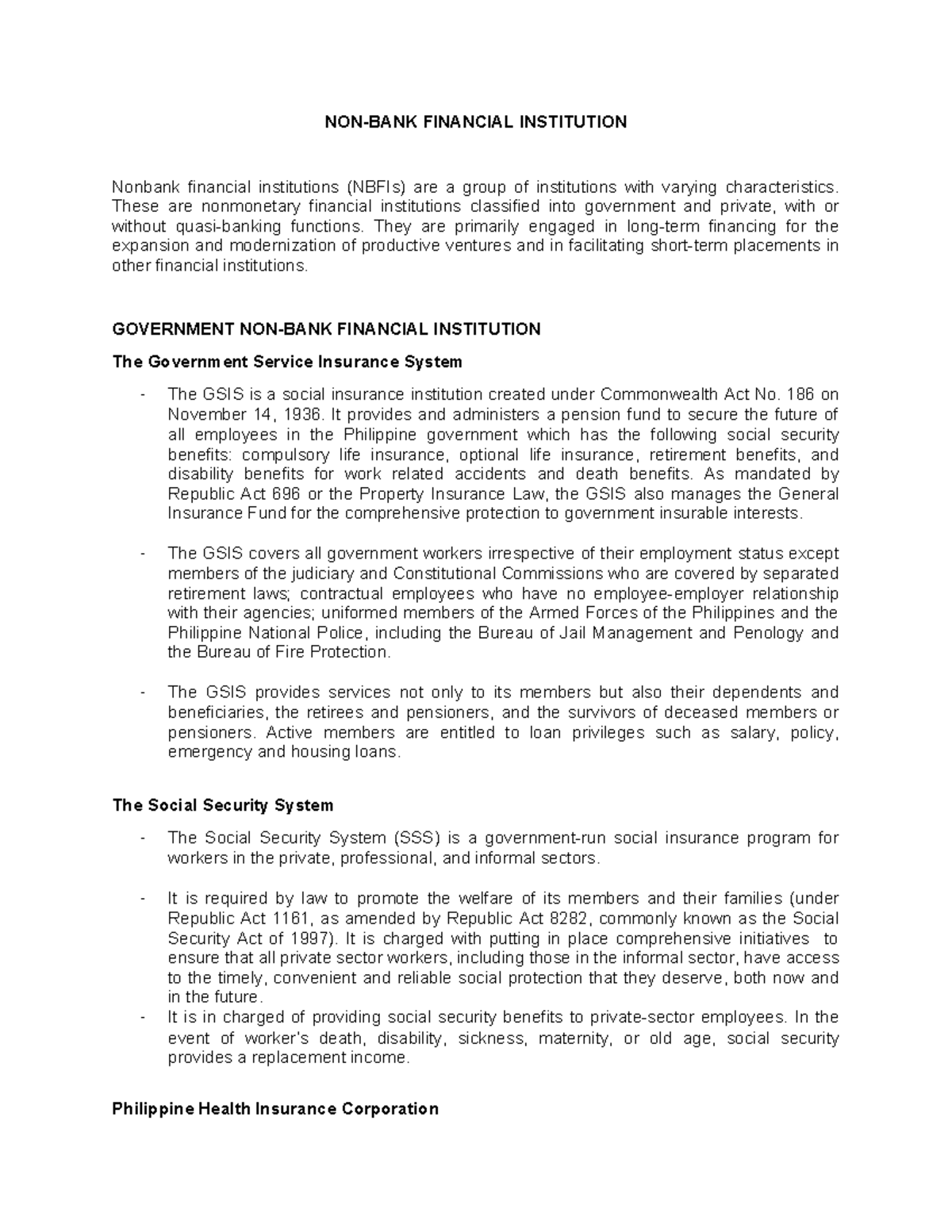 NBFI's - Assignment - NON-BANK FINANCIAL INSTITUTION Nonbank financial ...