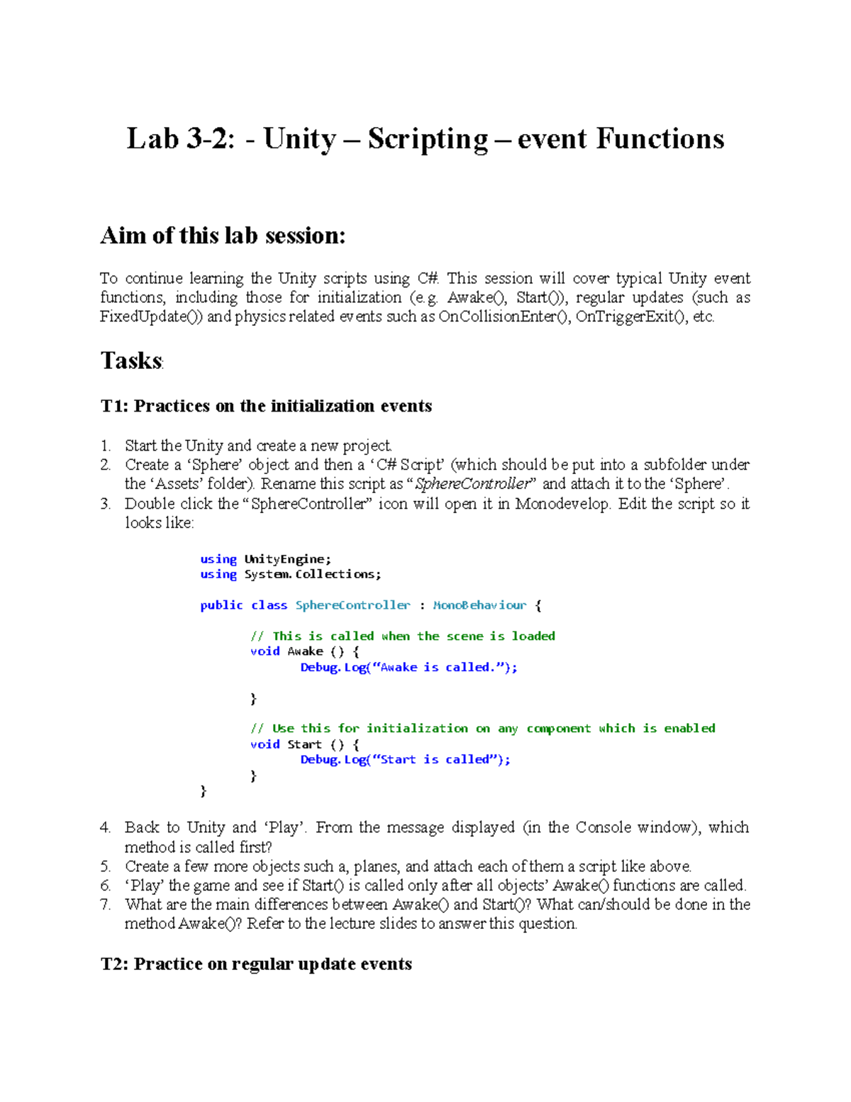 Lab 3 2 Unity Scripting Event Functions Lab 3 2 Unity