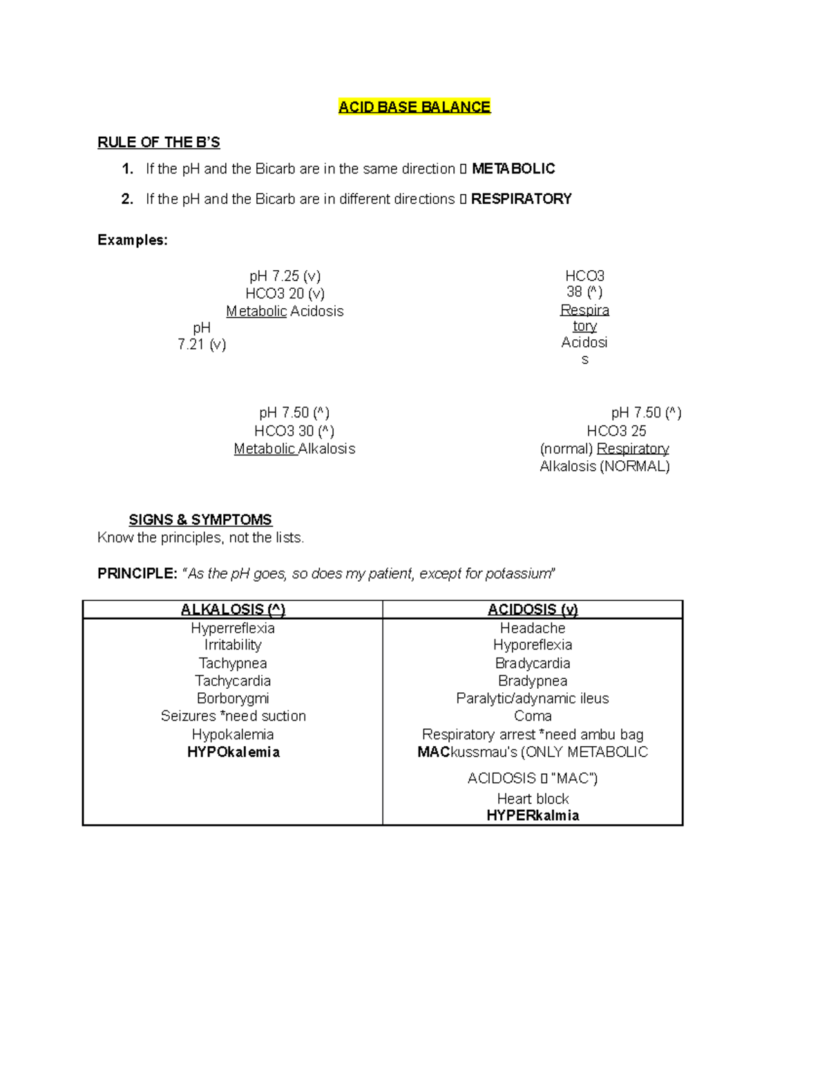 Mark Klimek Revised Notes - ACID BASE BALANCE RULE OF THE B’S If the pH ...