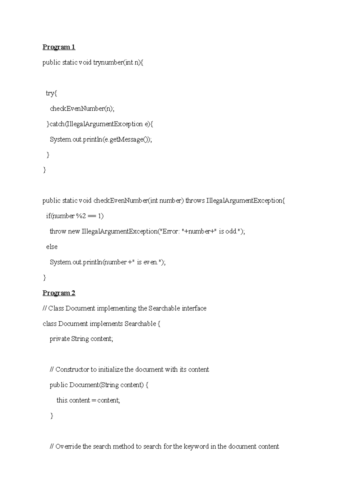 Nptel Java Week 05 - Program 1 public static void trynumber(int n){ try{ checkEvenNumber(n ...