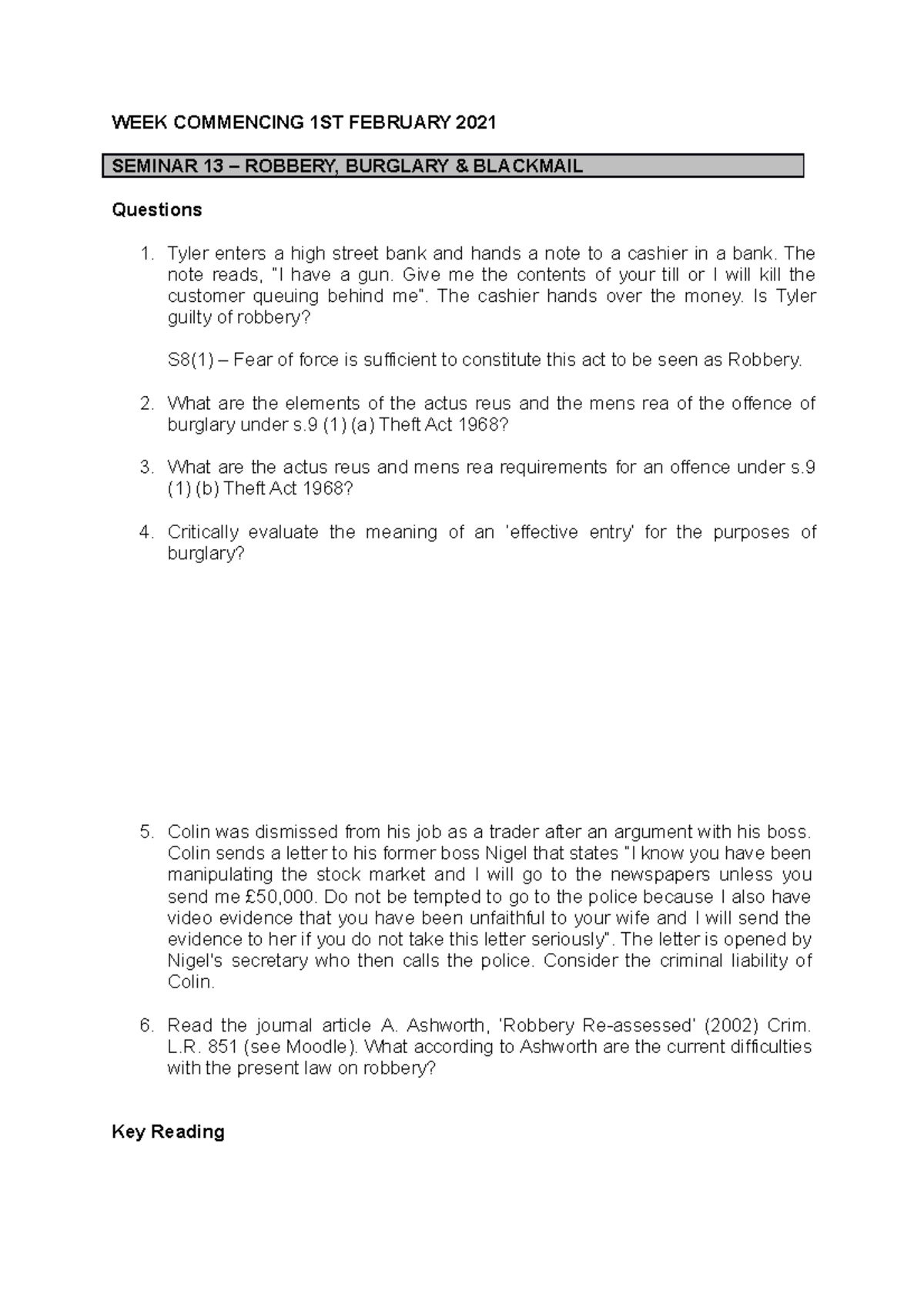 Robbery Seminar - Summary - WEEK COMMENCING 1ST FEBRUARY 2021 SEMINAR ...