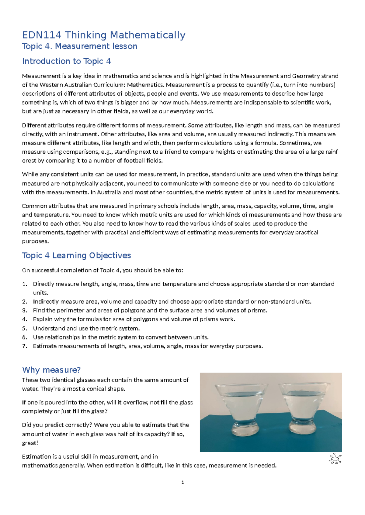Topic 4 Measurement lesson 1 - EDN114 Thinking Mathematically Topic 4 ...