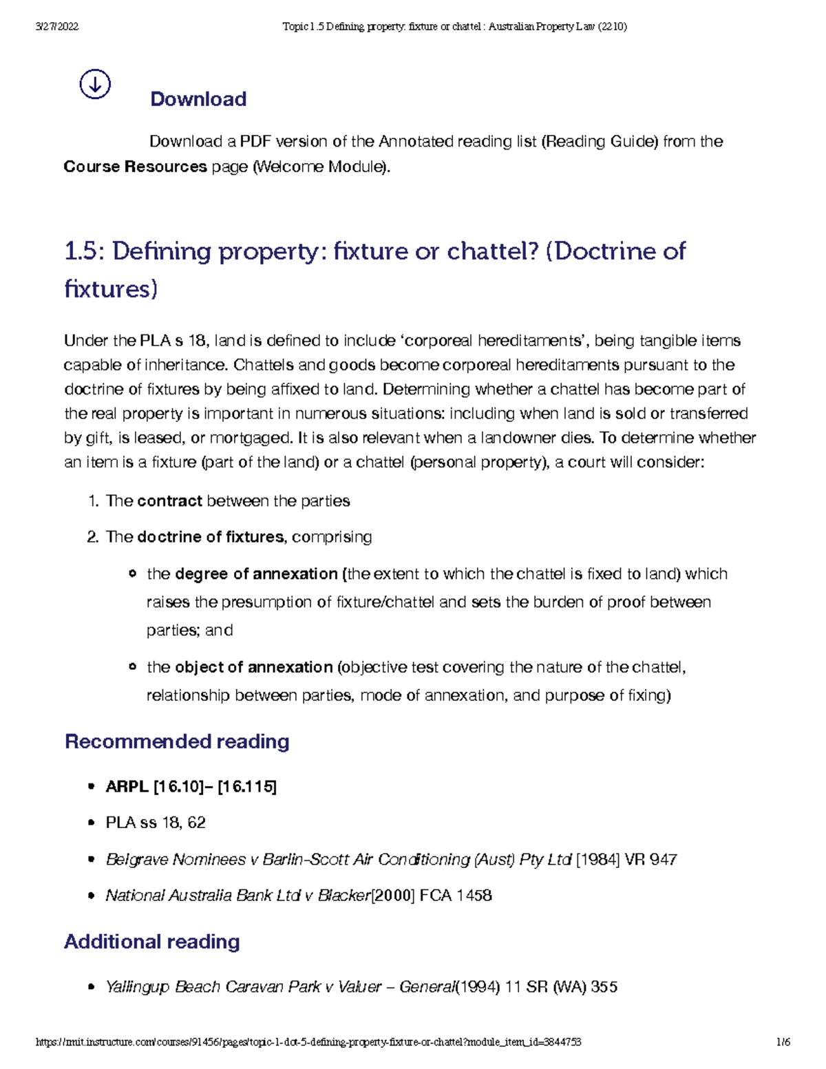 Topic 1.5 Defining property fixture or chattel Australian Property Law ...