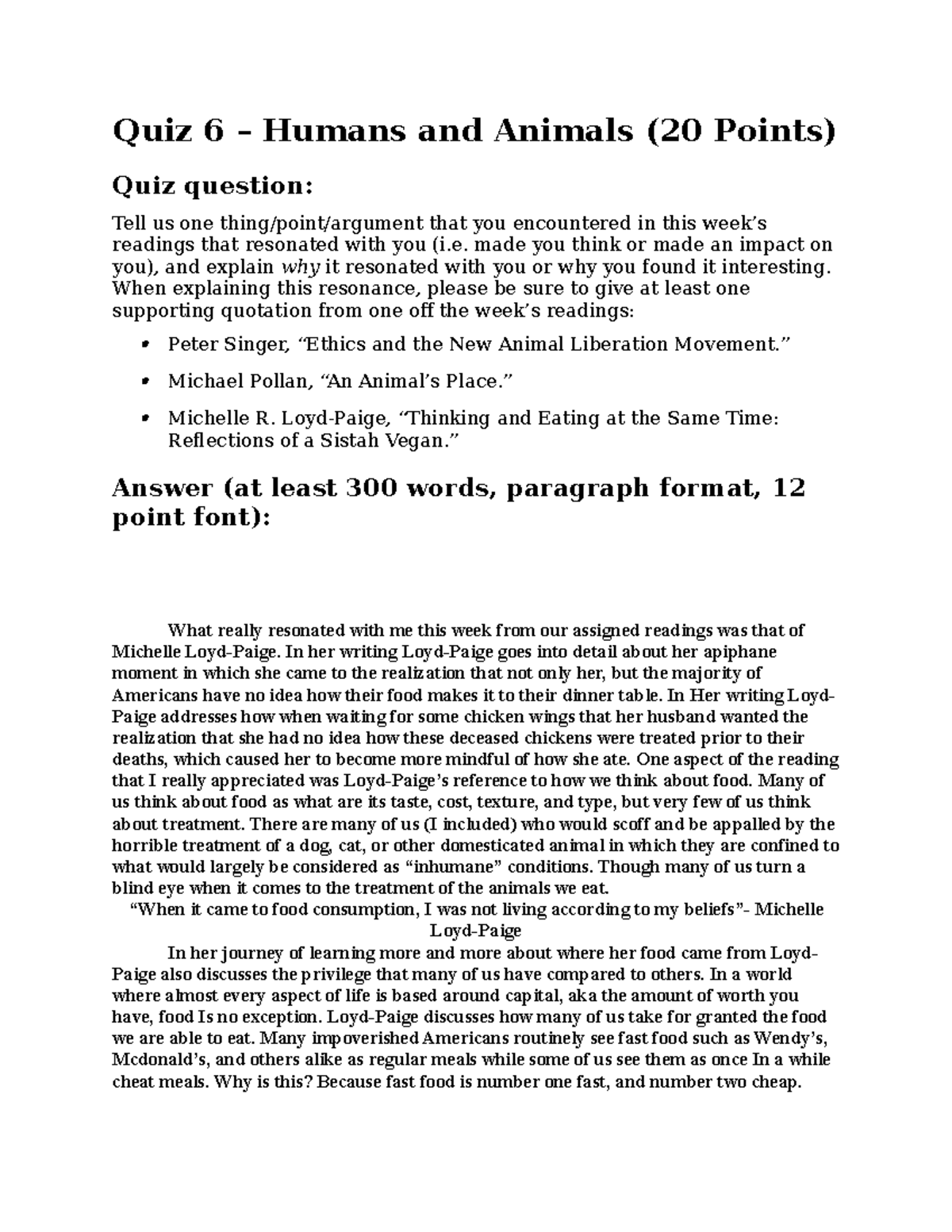 Quiz 6 - Humans and Animals - Quiz 6 – Humans and Animals (20 Points ...