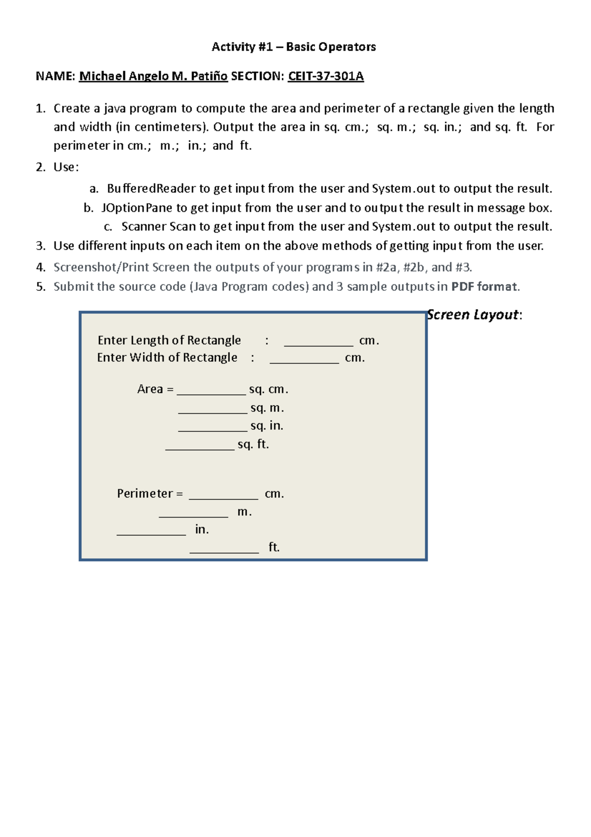 Activity 1 Patiño M M - assignment - Activity #1 – Basic Operators NAME: Michael Angelo M ...