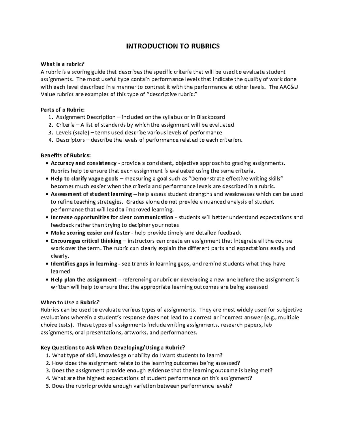 Introductiontorubrics - INTRODUCTION TO RUBRICS What is a rubric? A ...