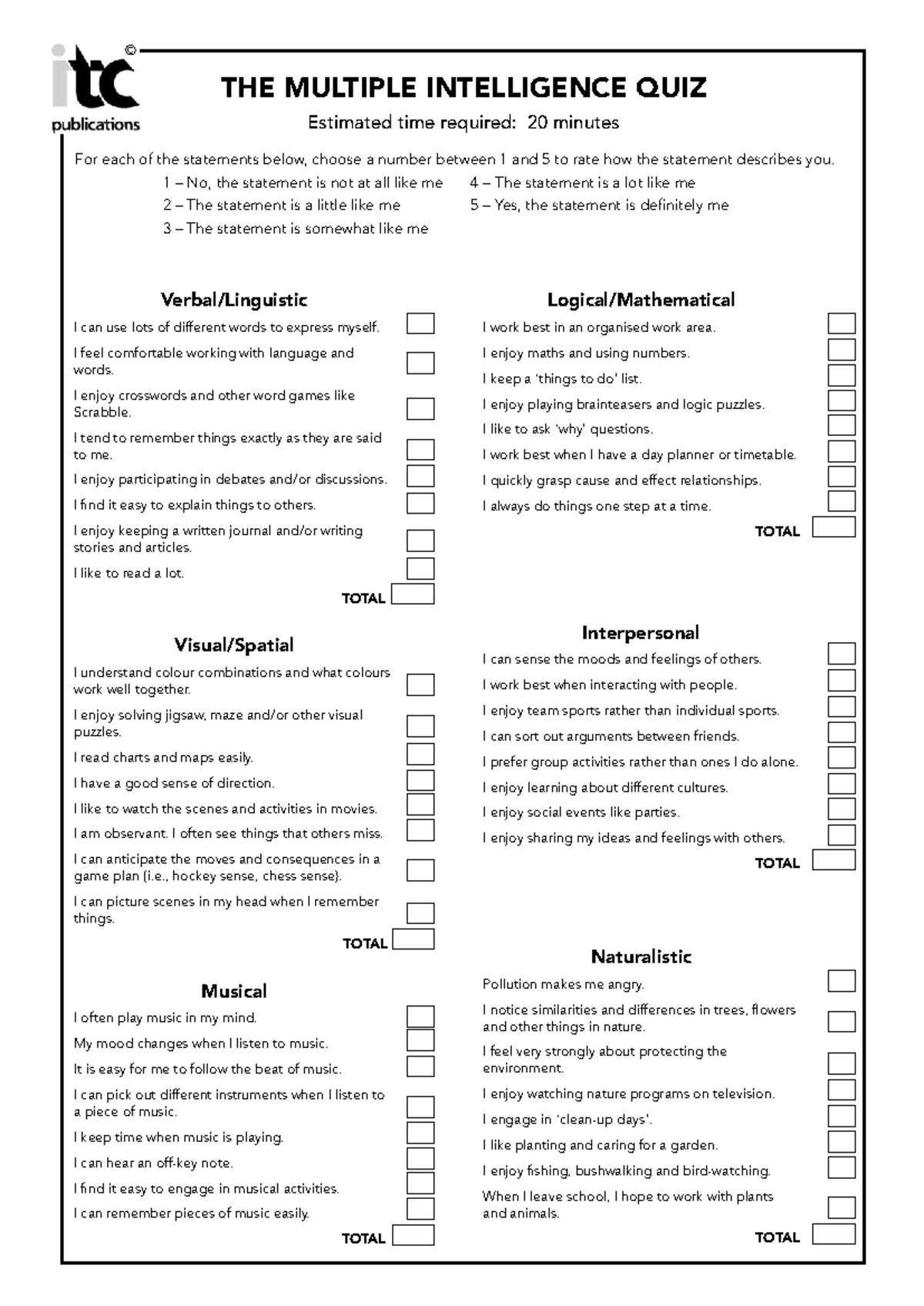 Multiple Intelligence Quiz - © THE MULTIPLE INTELLIGENCE QUIZ Estimated ...