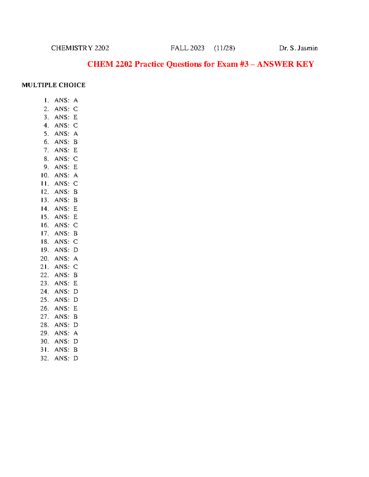 CHEM 2202 FALL 2023 Practice Questions for Exam #3- Answer KEY ...