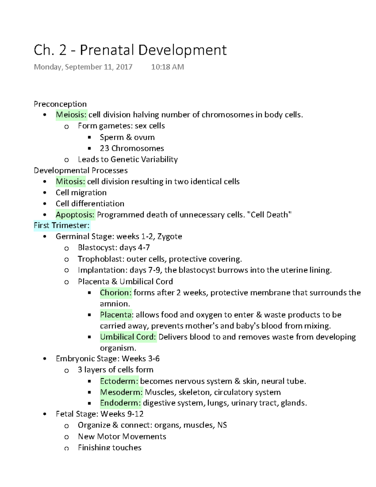 Ch. 2 - Prenatal Development - Ch. 2 - Prenatal Development Monday ...