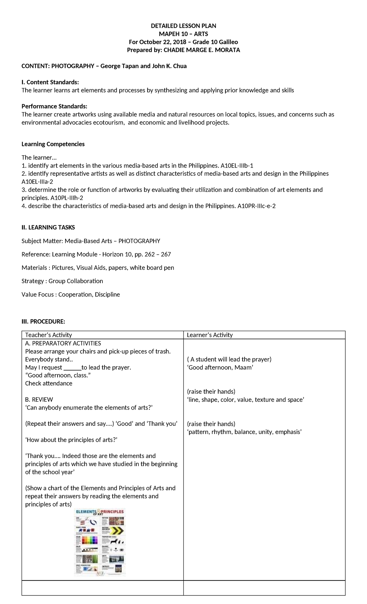 Detailed lesson plan grade 10 arts photography - DETAILED LESSON PLAN ...