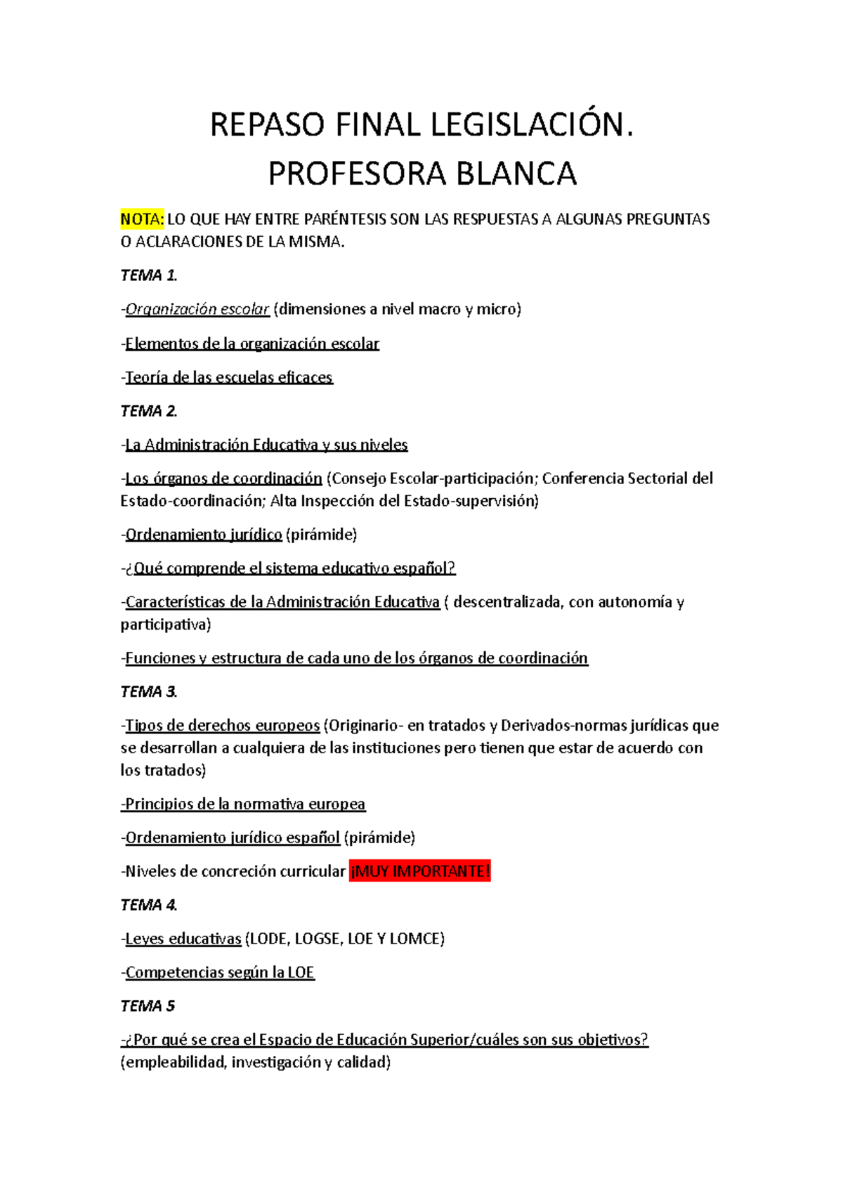 Repaso Final Legislación - REPASO FINAL LEGISLACIÓN. PROFESORA BLANCA ...