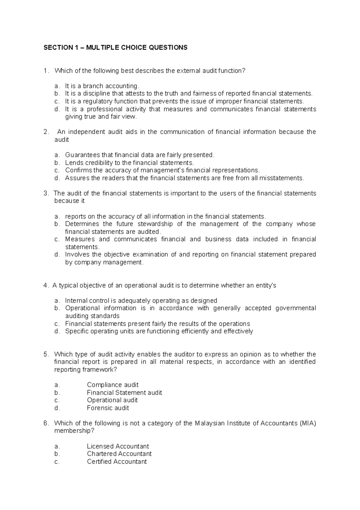 Tutorial 1 Question Section 1 Multiple Choice Questions Which Of The Following Best