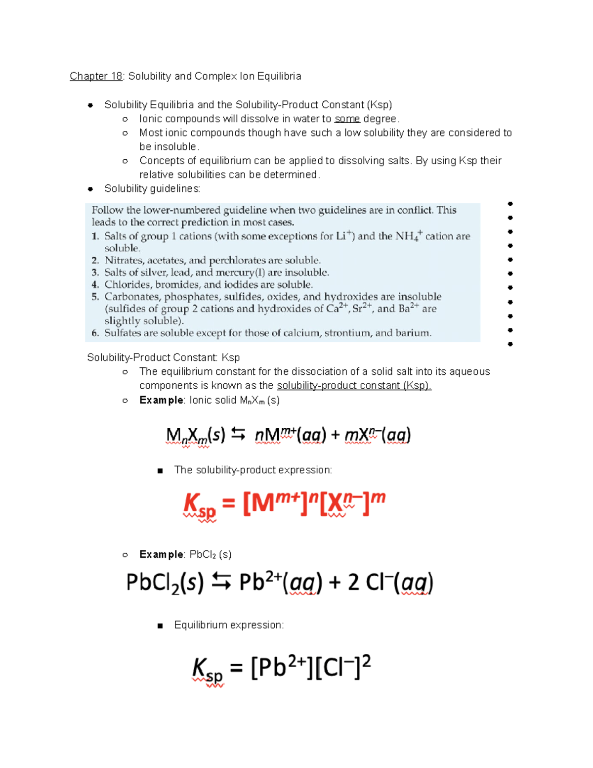 Ch. 18 Study Guide - notes - Chapter 18: Solubility and Complex Ion ...
