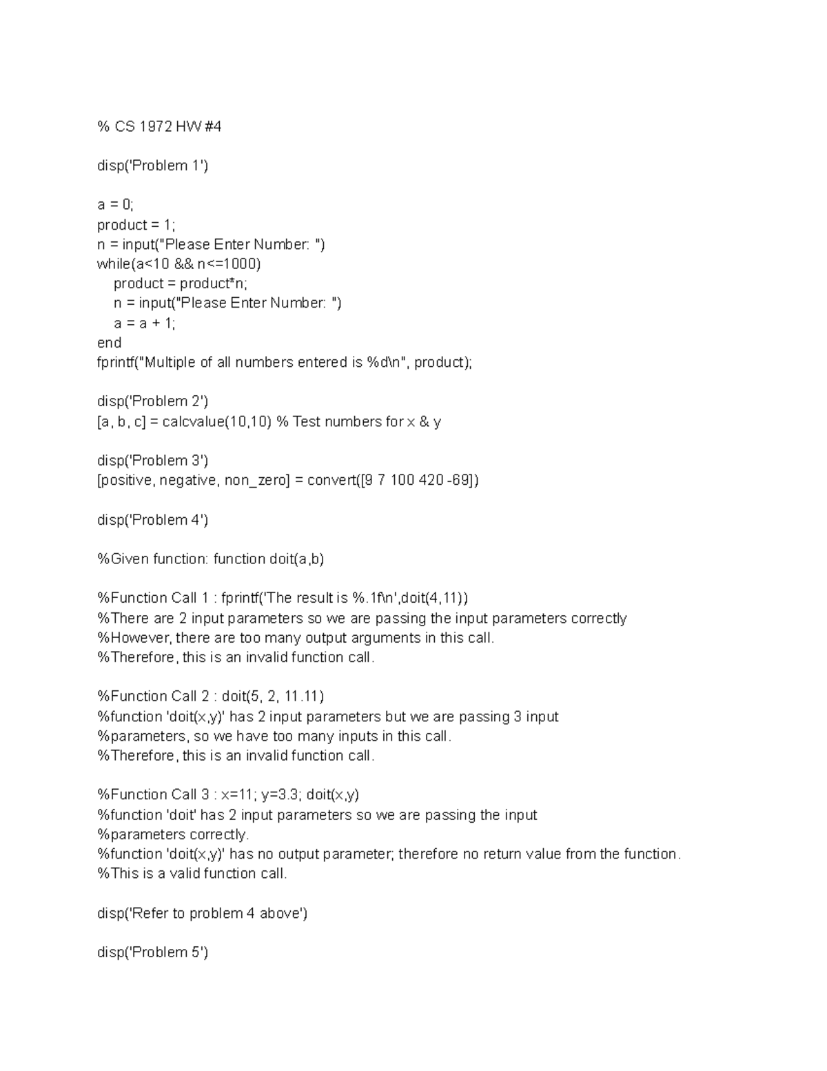 Homework 4 Matlab Output Cs 1972 Hw Dispproblem 1 A 0 Product 1n Inputplease