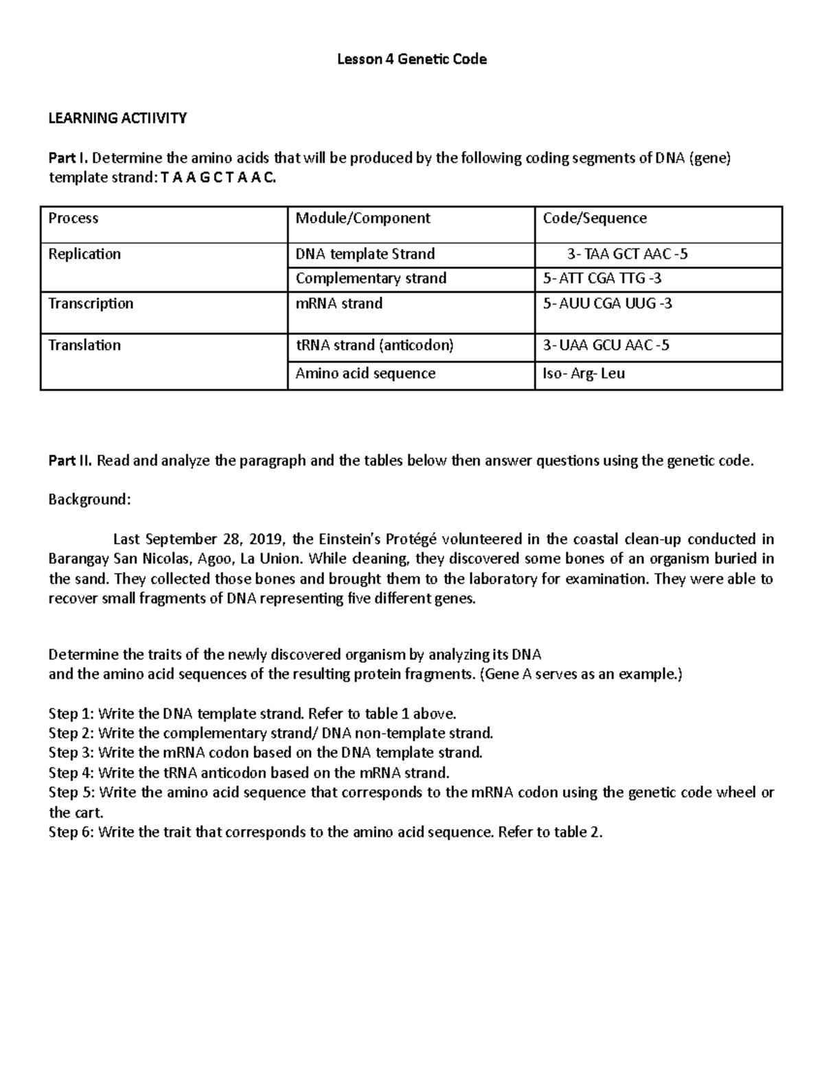 Activity 4 Genetic Code - Lesson 4 Genetic Code LEARNING ACTIIVITY Part ...