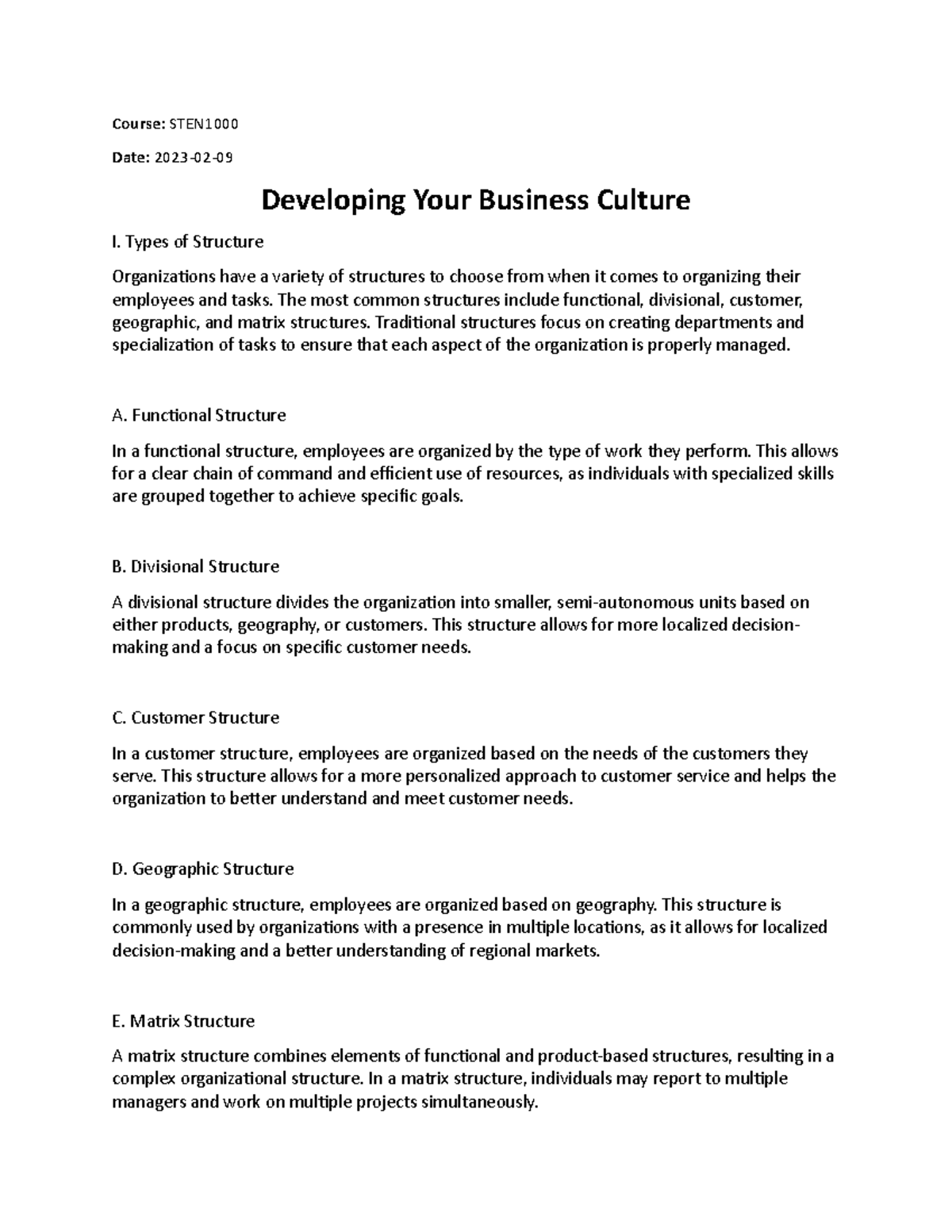 Developing Your Business Culture - Course: STEN Date: 2023-02 ...