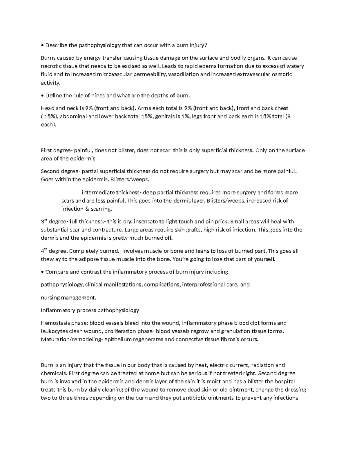 Burns patho - Describe the pathophysiology that can occur with a burn ...