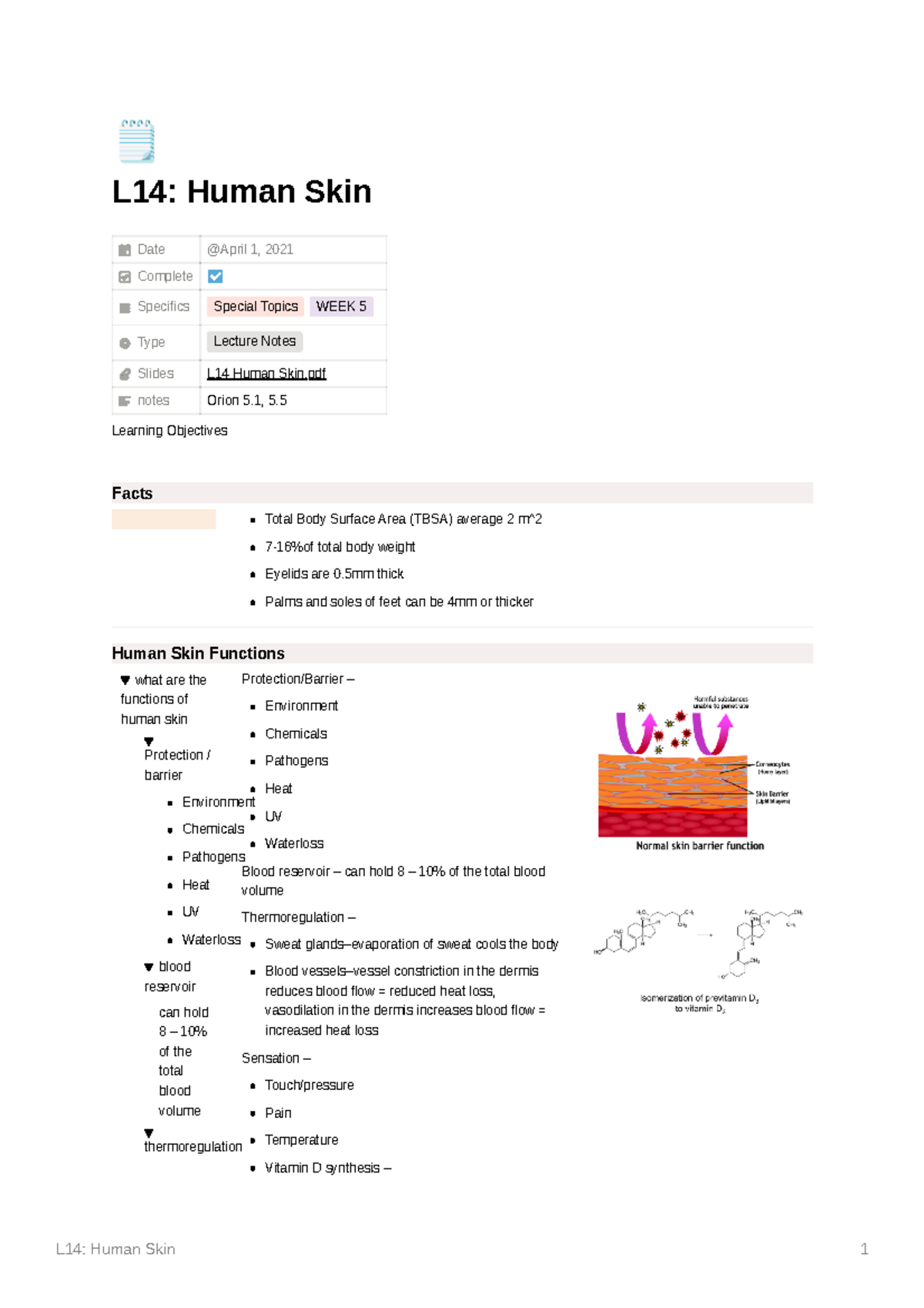 L14 Human Skin - f L14: Human Skin Date Complete Specifics Special Topics WEEK 5 Type Lecture ...