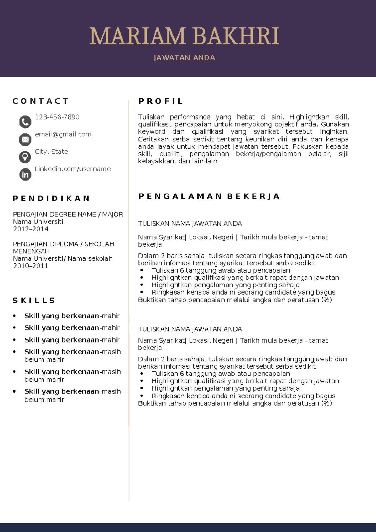 Maukerja Academy Resume Template (BM)- 2 - P R O F I L Tuliskan ...