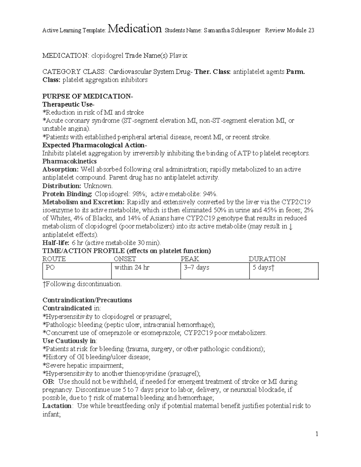 Clopidogrel med sheet - MEDICATION: clopidogrel Trade Name(s) Plavix ...
