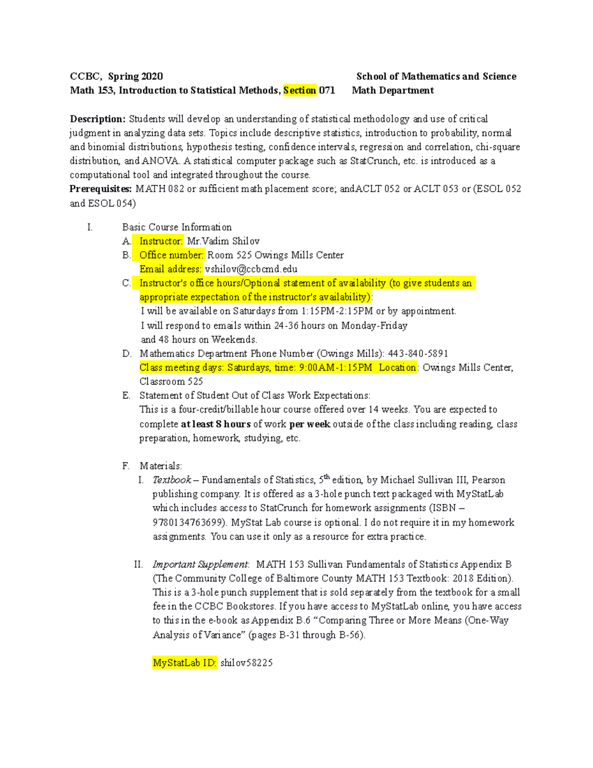 Syllabus Math153.071 Spring 2020 - CCBC, Spring 2020 School of ...